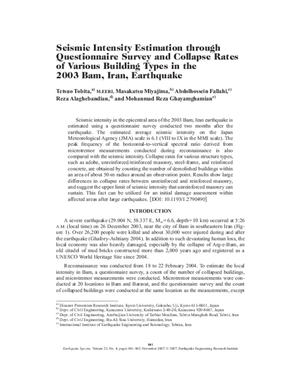 (PDF) Seismic Intensity Estimation through Questionnaire Survey and ...