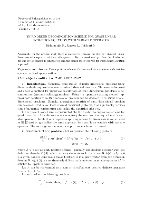 (PDF) Third order decomposition scheme for quasi-linear evolution equation with variable operator