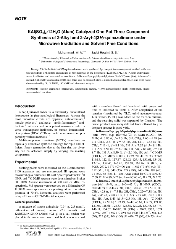 (PDF) KAl(SO4)2·12H2O (Alum) Catalyzed One-Pot Three-Component Synthesis of 2-Alkyl and 2-Aryl-4 ...