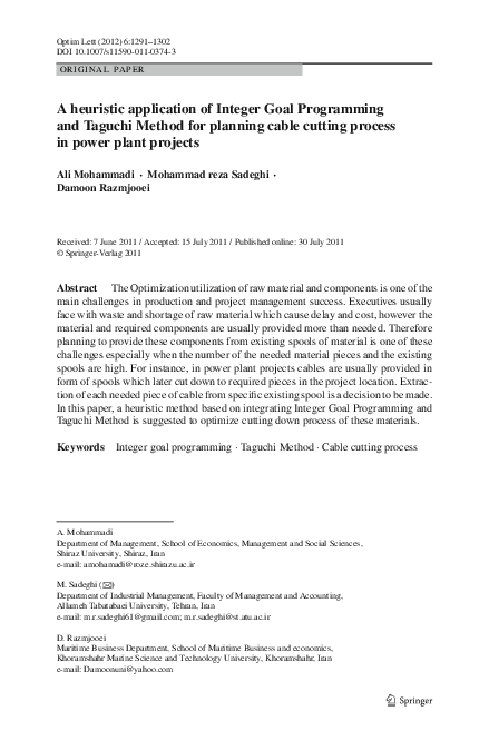 Pdf A Heuristic Application Of Integer Goal Programming And Taguchi Method For Planning Cable 9360
