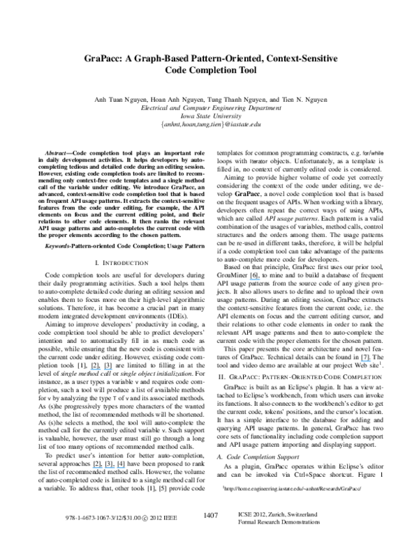 Pdf Grapacc A Graph Based Pattern Oriented Context Sensitive Code Completion Tool 