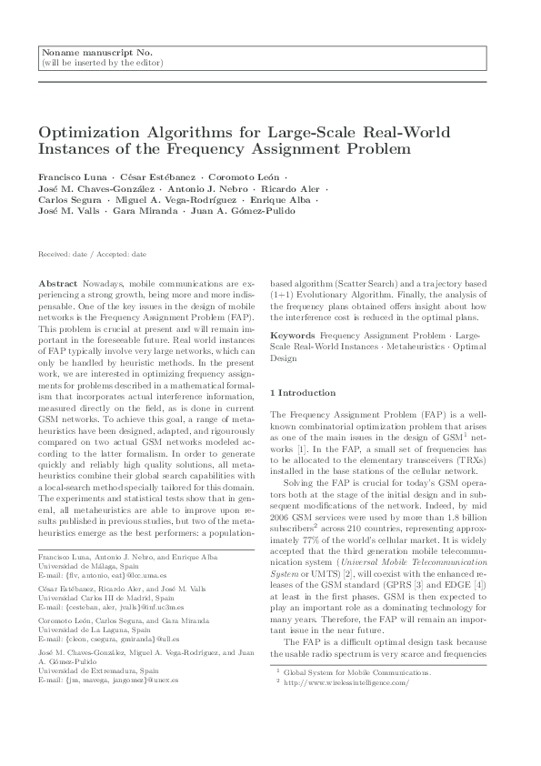 Pdf Optimization Algorithms For Large Scale Real World Instances Of The Frequency Assignment