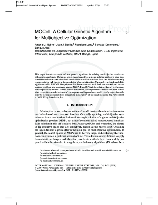 (PDF) MOCell: A cellular genetic algorithm for multiobjective optimization