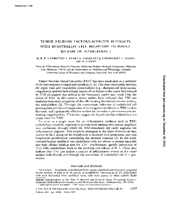 (PDF) Tumor necrosis factor/cachectin interacts with endothelial cell ...
