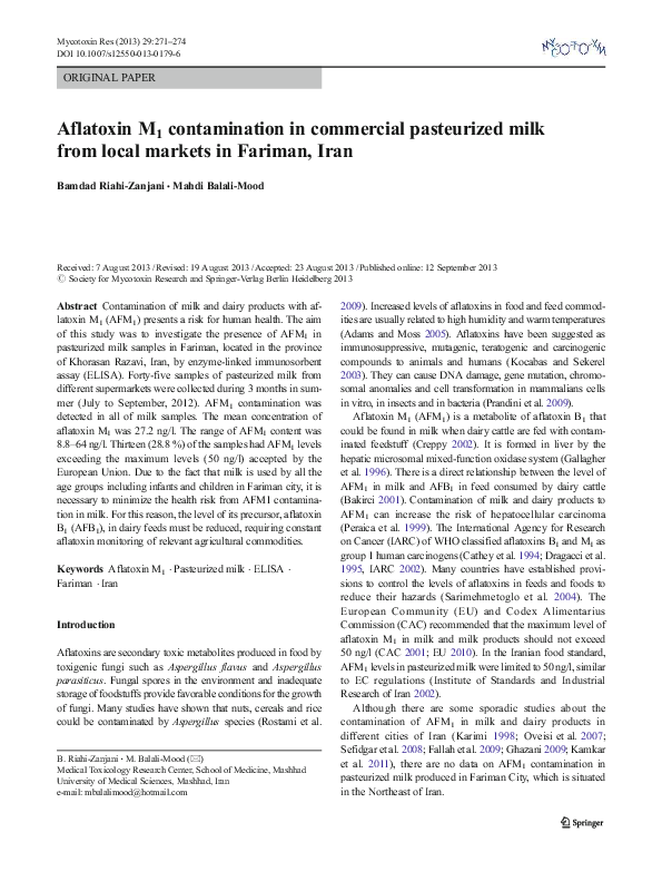 (PDF) Aflatoxin M1 contamination in commercial pasteurized milk from ...