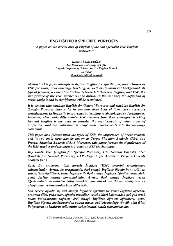 (PDF) ENGLISH FOR SPECIFIC PURPOSES 'A paper on the special area of English of the non ...