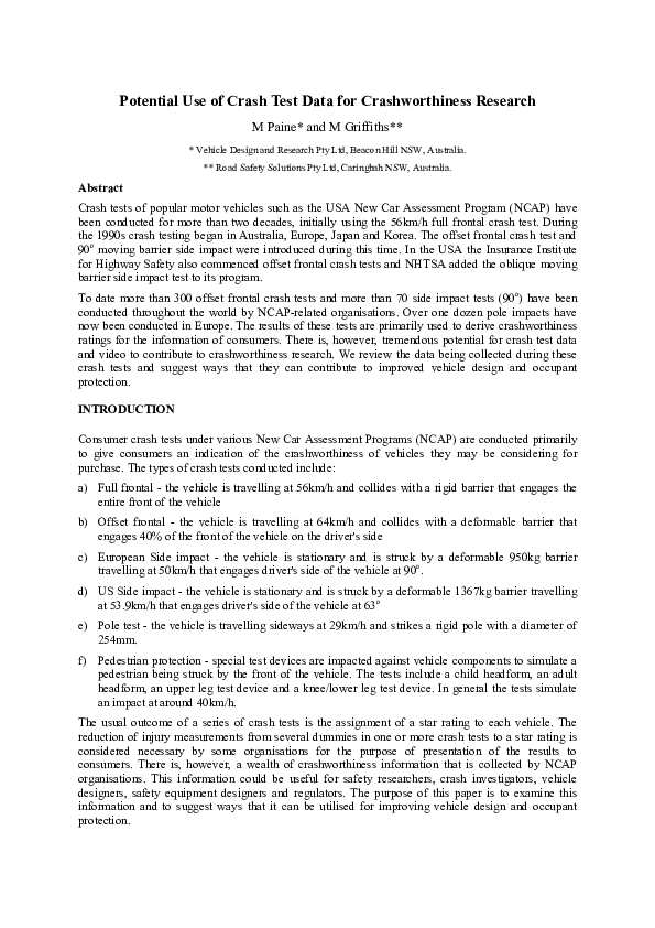 (PDF) Potential Use of Crash Test Data for Crashworthiness Research