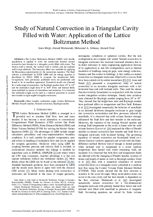(PDF) Study of Natural Convection in a Triangular Cavity Filled with ...