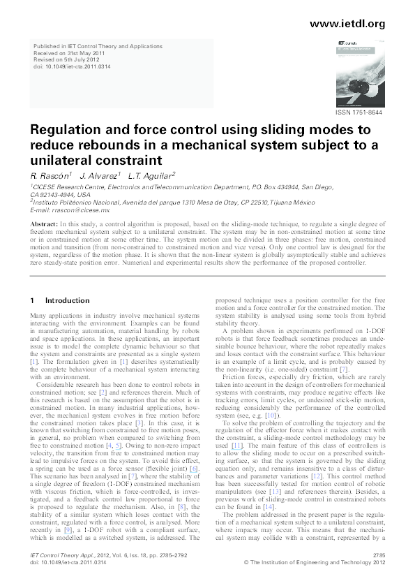 (PDF) Regulation and force control using sliding modes to reduce rebounds in a mechanical system ...