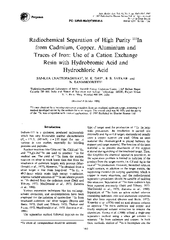 (PDF) Radiochemical separation of high purity 111In from cadmium ...