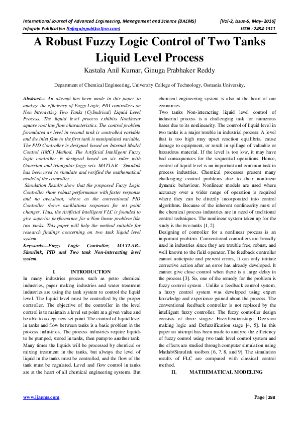 (PDF) A Robust Fuzzy Logic Control of Two Tanks Liquid Level Process