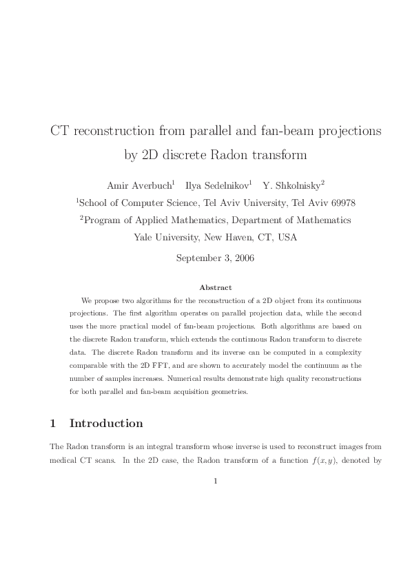 Pdf Ct Reconstruction From Parallel And Fan Beam Projections By A 2 D Discrete Radon Transform