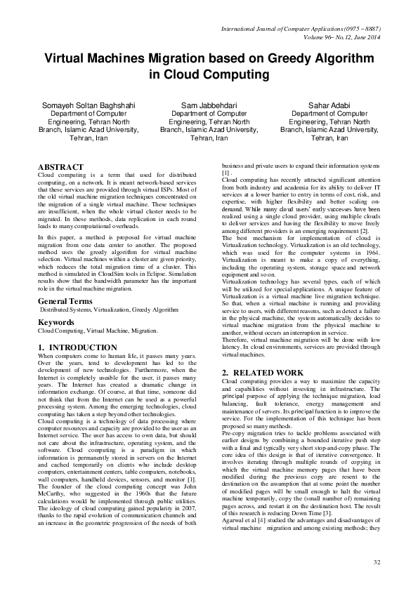 Pdf Virtual Machines Migration Based On Greedy Algorithm In Cloud Computing