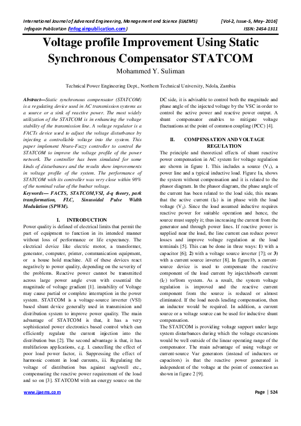 Pdf Voltage Profile Improvement Using Static Synchronous Compensator Statcom