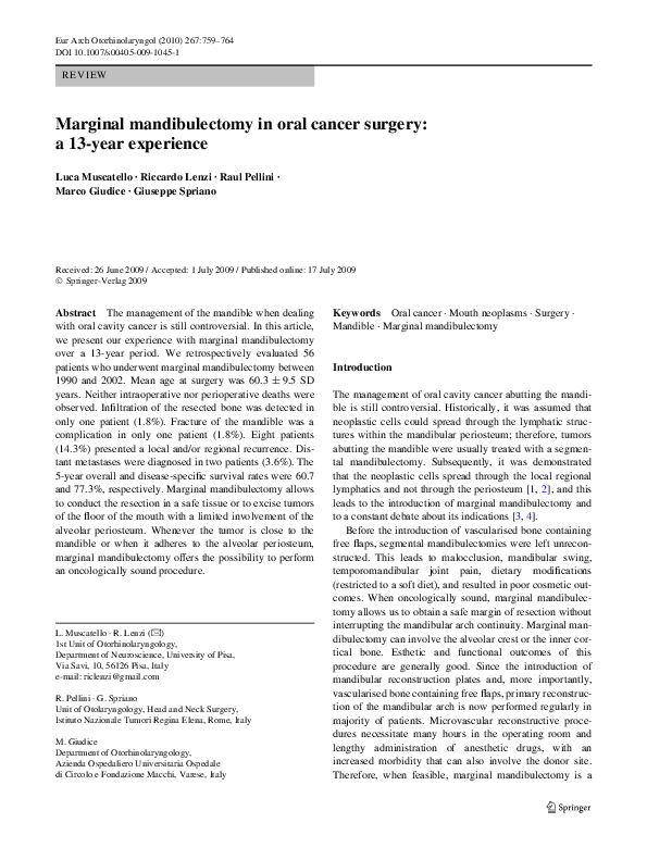 (PDF) Marginal mandibulectomy in oral cancer surgery: a 13-year experience