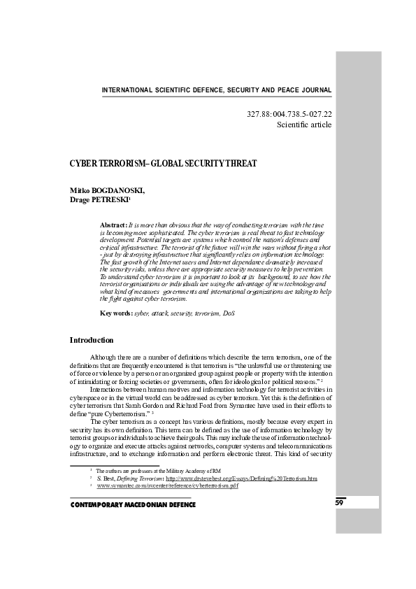 (PDF) CYBER TERRORISM– GLOBAL SECURITY THREAT
