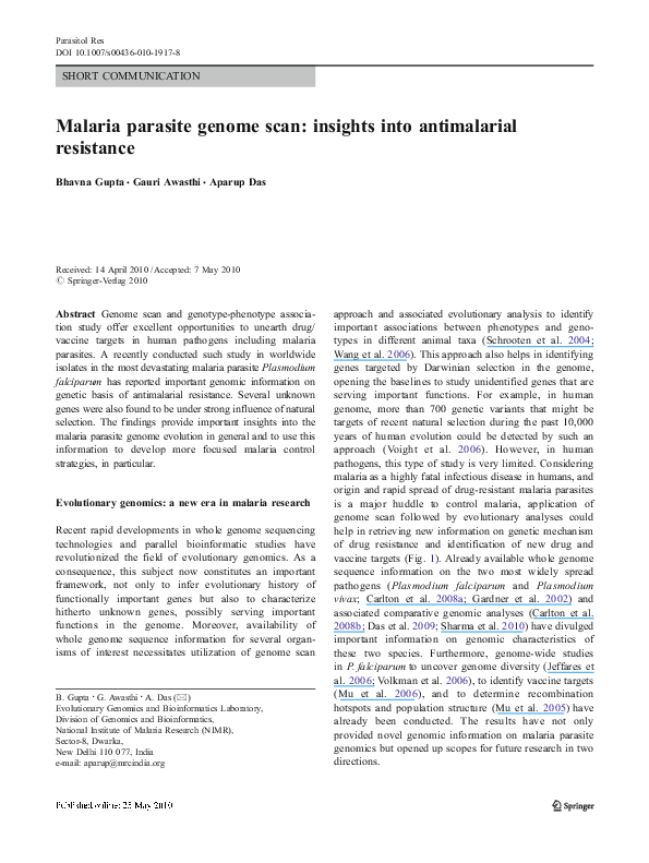 (PDF) Malaria parasite genome scan: insights into antimalarial resistance