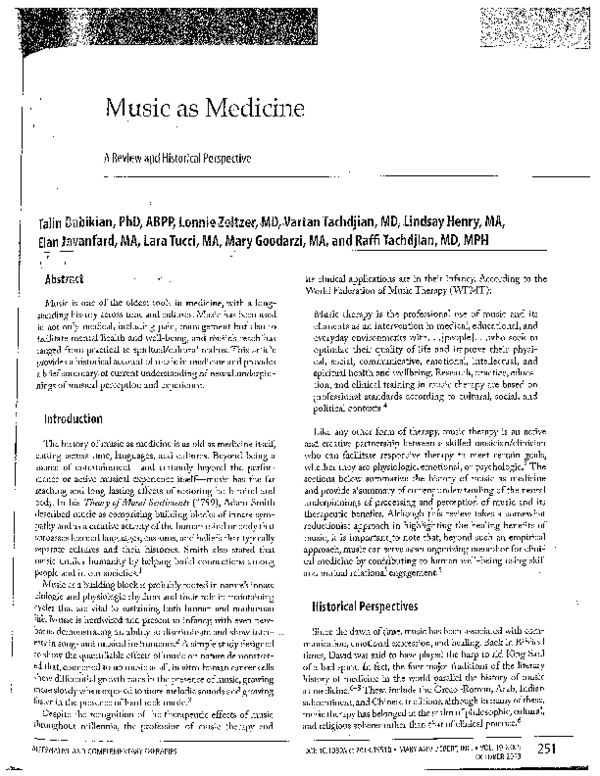 (PDF) Music as Medicine: A Review and Historical Perspective