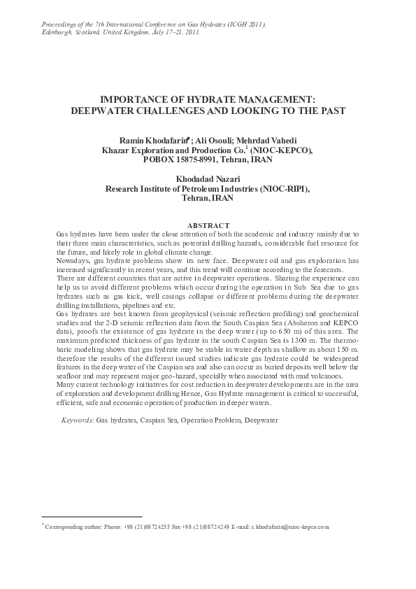 (PDF) IMPORTANCE OF HYDRATE MANAGEMENT: DEEPWATER CHALLENGES AND LOOKING TO THE PAST