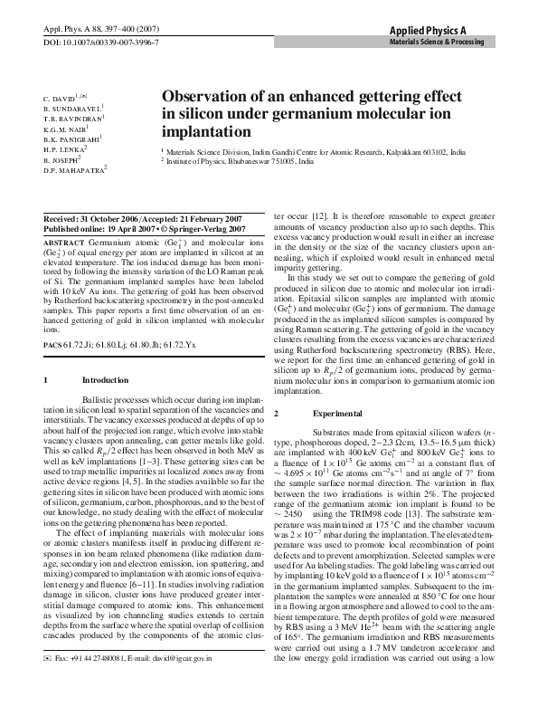 (PDF) Observation of an enhanced gettering effect in silicon under ...