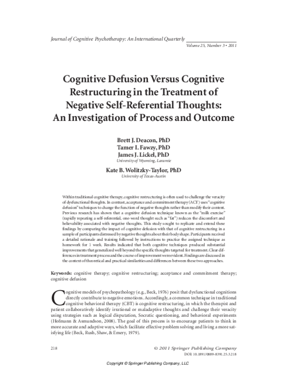 Pdf Cognitive Defusion Versus Cognitive Restructuring In The Treatment Of Negative Self