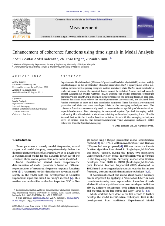 Pdf Enhancement Of Coherence Functions Using Time Signals In Modal