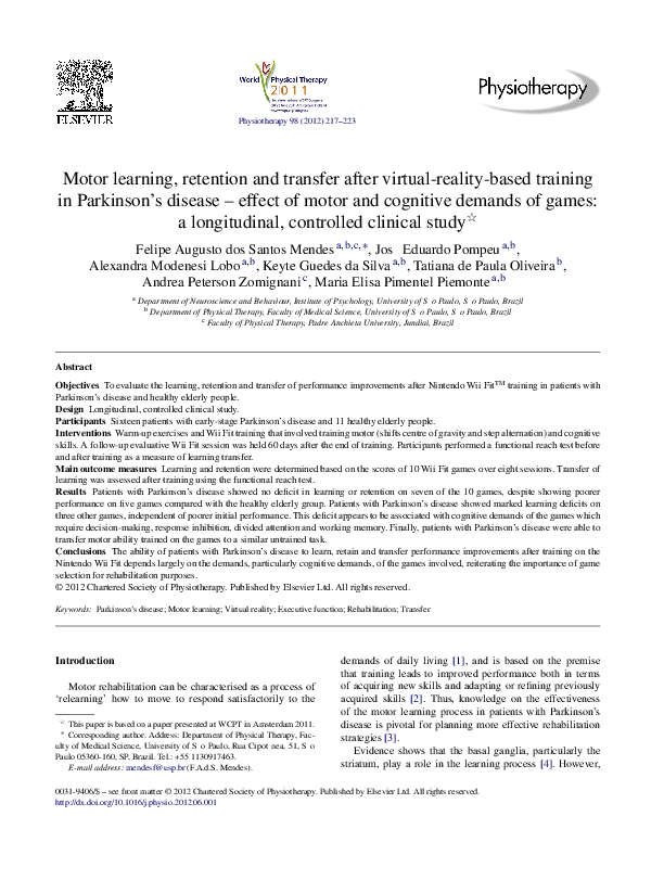 (PDF) Motor learning, retention and transfer after virtual-reality ...