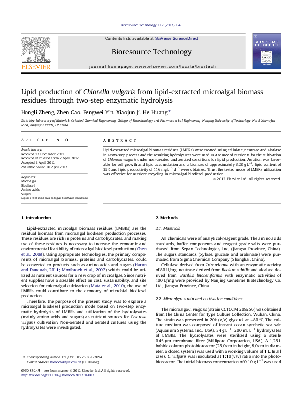 (PDF) Lipid production of Chlorella vulgaris from lipid-extracted microalgal biomass residues ...