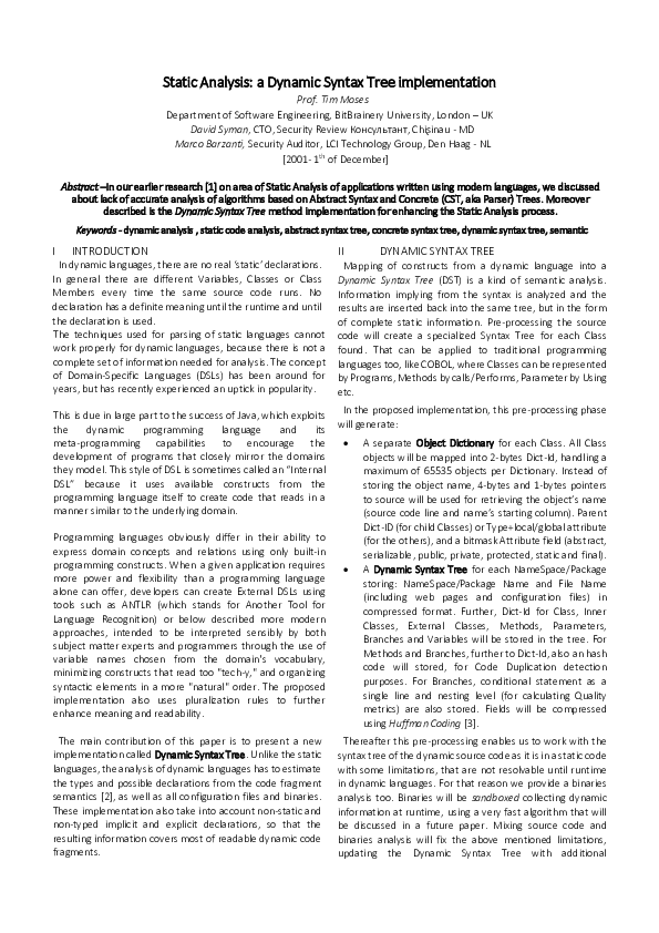(PDF) Static Analysis: a Dynamic Syntax Tree implementation