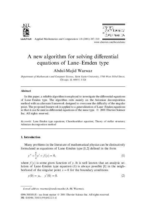 Pdf A New Algorithm For Solving Differential Equations Of Lane Emden Type
