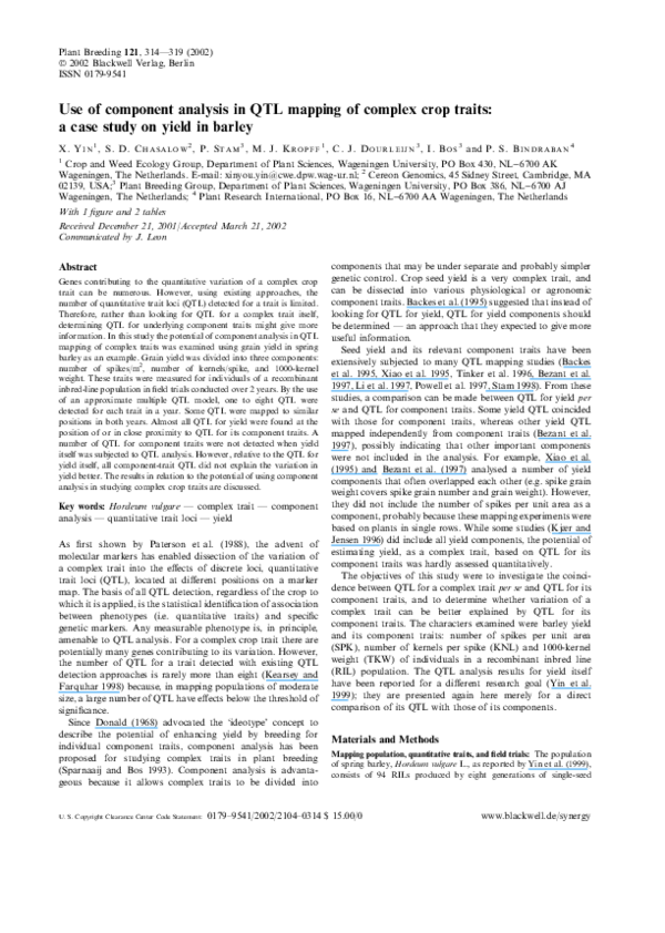 Pdf Use Of Component Analysis In Qtl Mapping Of Complex Crop Traits