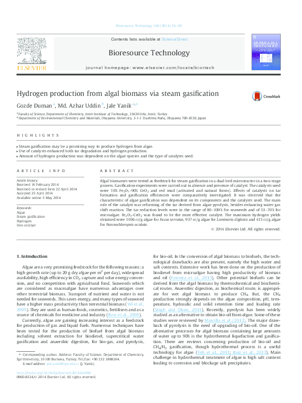 (PDF) Hydrogen production from algal biomass via steam gasification