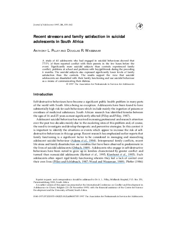 (PDF) Recent stressors and family satisfaction in suicidal adolescents ...
