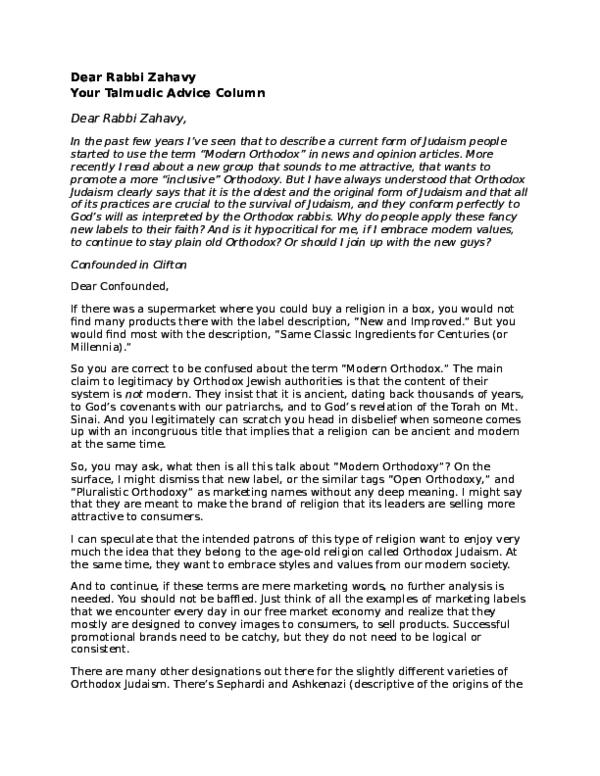 (DOC) The Oxymoron of Open Orthodoxy: Dear Rabbi Zahavy Your Talmudic ...