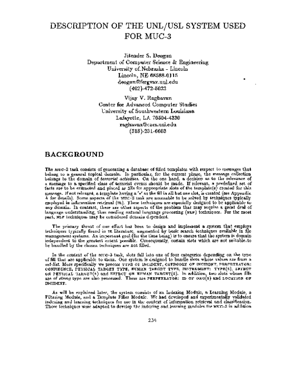 (PDF) Description of the UNL/USL system used for MUC-3
