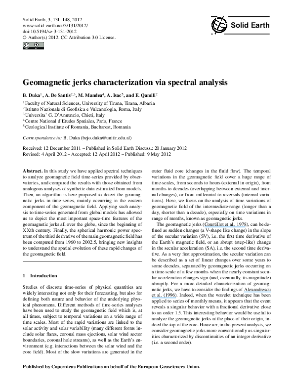 Pdf Geomagnetic Jerks Characterization Via Spectral Analysis