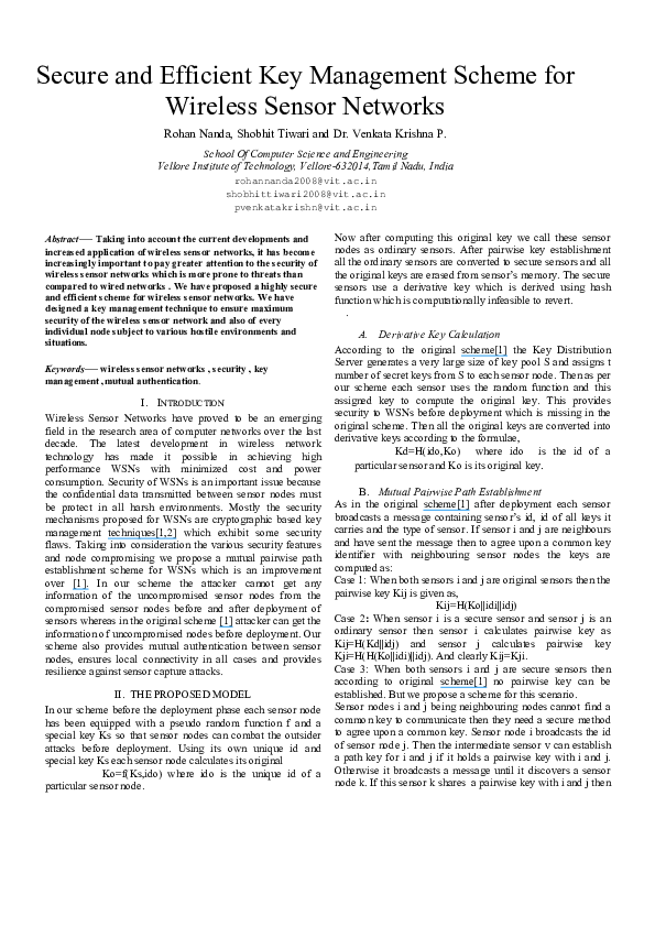 Pdf Secure And Efficient Key Management Scheme For Wireless Sensor Networks