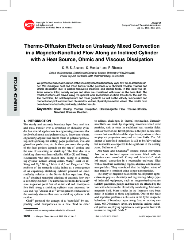 (PDF) Thermo-Diffusion Effects on Unsteady Mixed Convection in a Magneto-Nanofluid Flow Along an ...