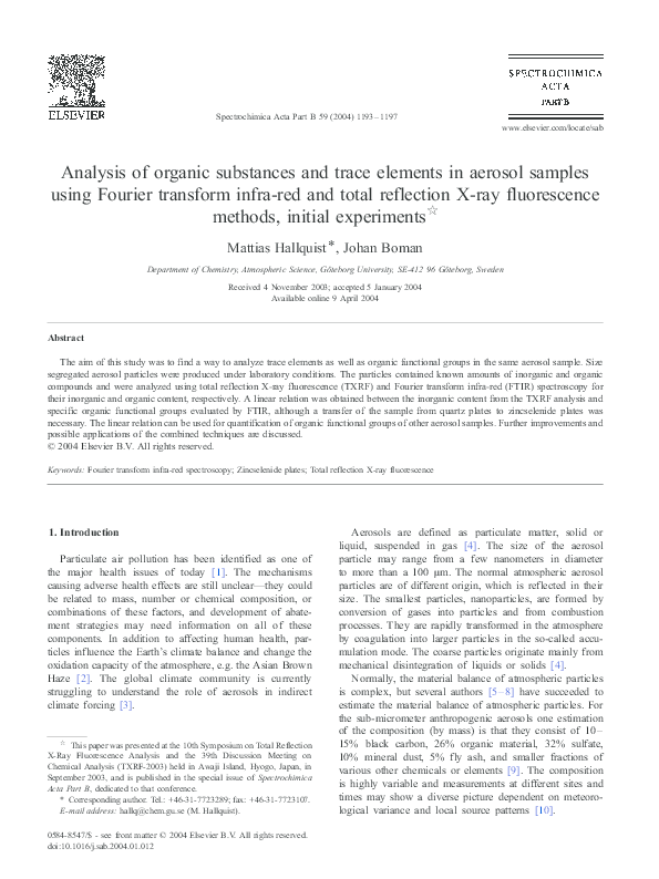 (PDF) Analysis of organic substances and trace elements in aerosol samples using Fourier ...