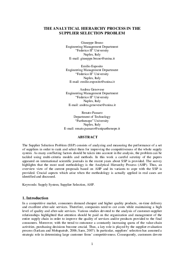 Pdf The Analytical Hierarchy Process In The Supplier Selection Problem