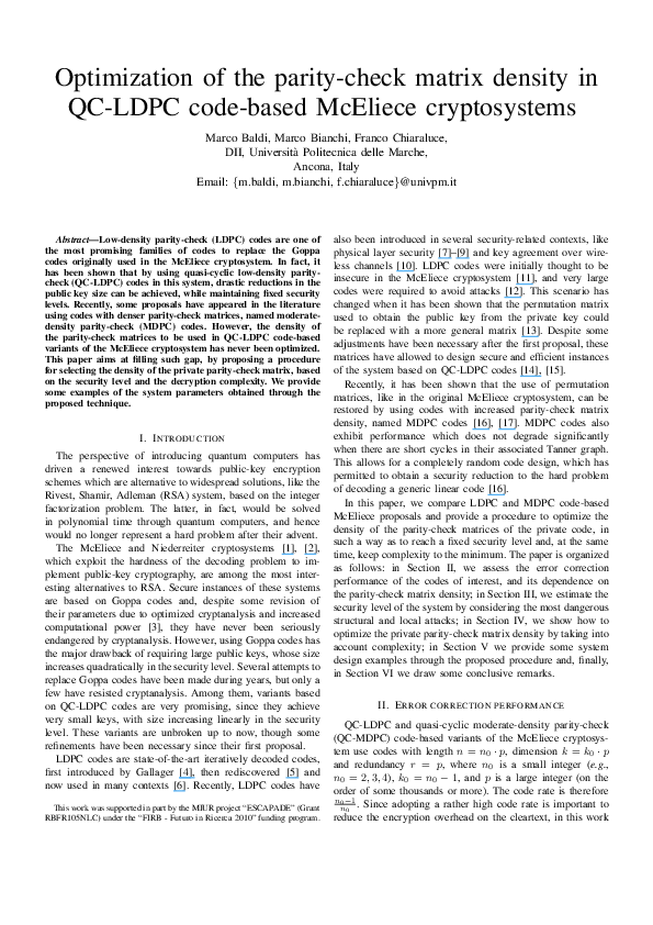 Pdf Optimization Of The Parity Check Matrix Density In Qc Ldpc Code