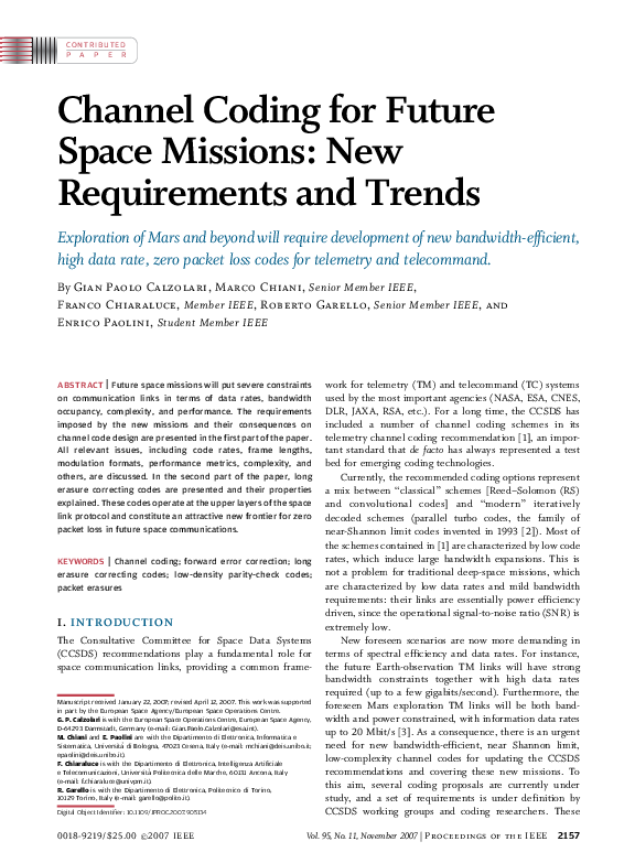 (PDF) Channel Coding for Future Space Missions: New Requirements and Trends