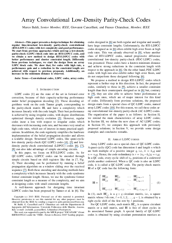 Pdf Array Convolutional Low Density Parity Check Codes