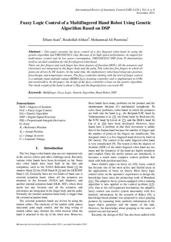 (PDF) Fuzzy Logic Control of a Multifingered Hand Robot Using Genetic Algorithm Based on DSP