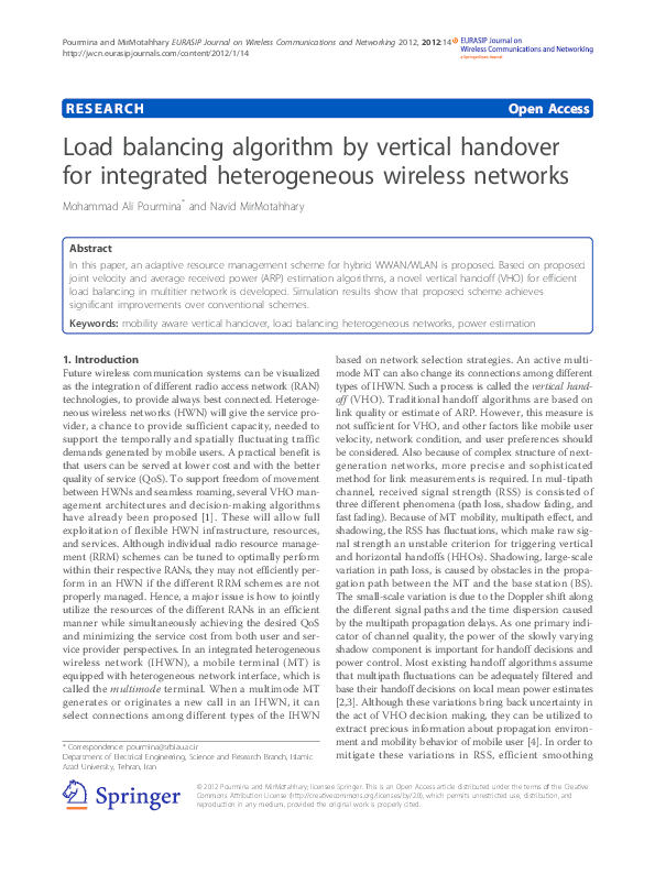 (PDF) Load balancing algorithm by vertical handover for integrated heterogeneous wireless networks