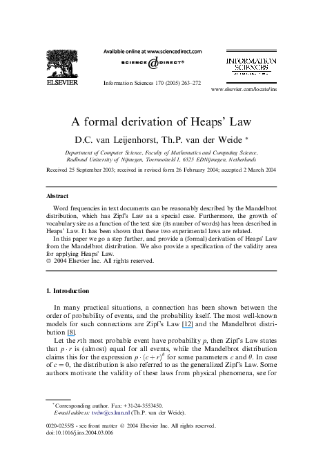 (PDF) A formal derivation of Heaps' Law