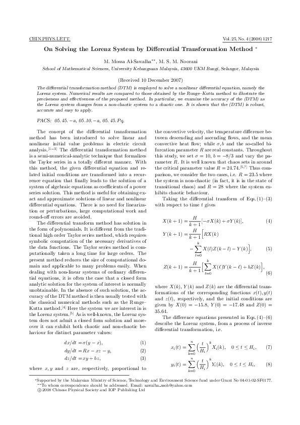 Pdf On Solving The Lorenz System By Differential Transformation Method