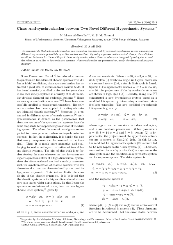 (PDF) Chaos Anti-synchronization between Two Novel Different Hyperchaotic Systems