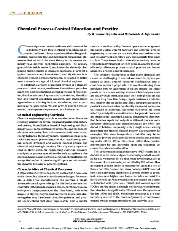 (PDF) Chemical process control education and practice