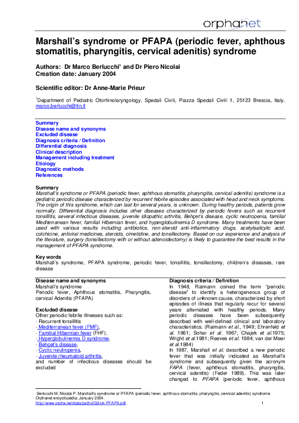 (PDF) Marshall's syndrome or PFAPA (periodic fever, aphthous stomatitis ...